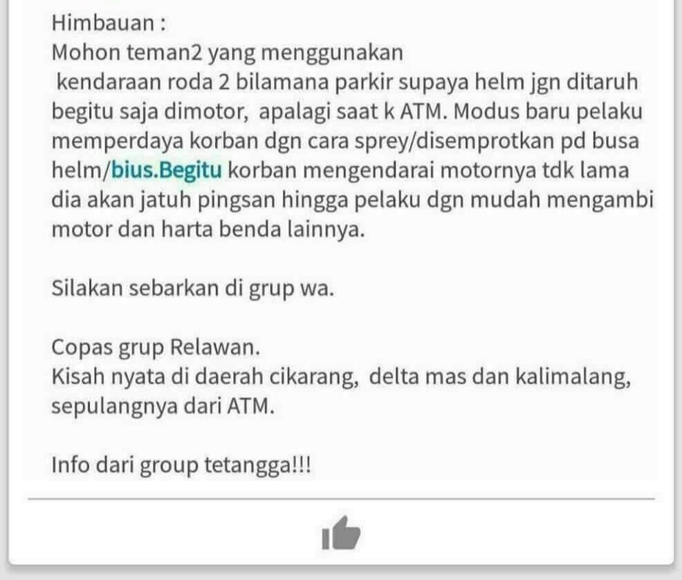 Modus Baru Kejahatan: Semprot Helm dengan Obat Bius, Kasat Reskrim ...